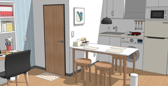 Realistic Studio Apartment and Hallway