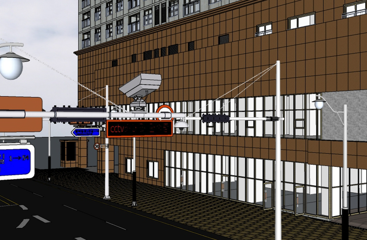 Large commercial building with Traffic lights and Streetlights